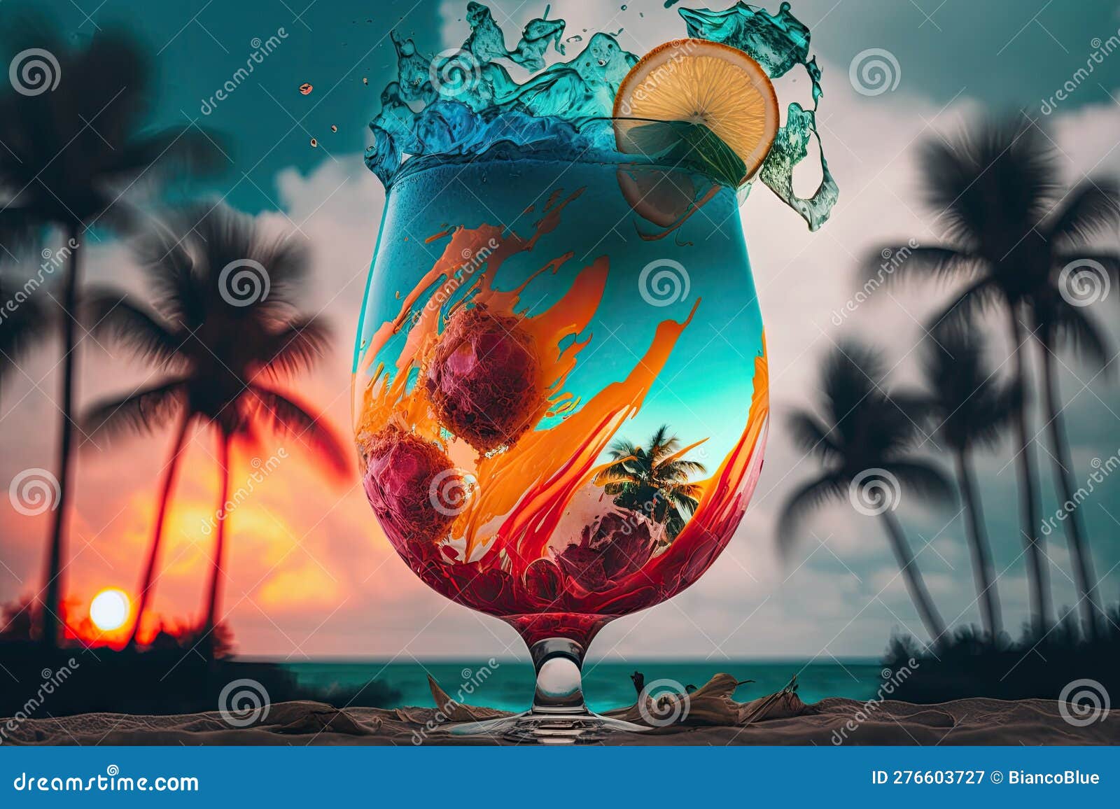 Exploding Glass with Liquid Colored Tropical Cocktail Stock ...