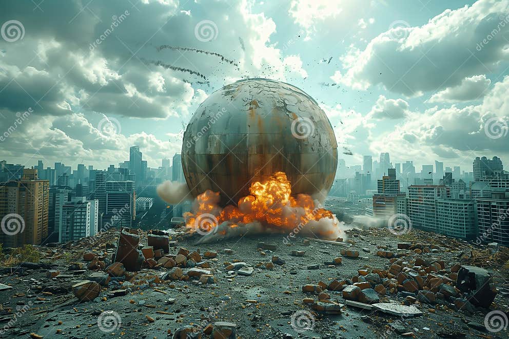 Exploding Globe in Ruined Cityscape Stock Photo - Image of debris ...