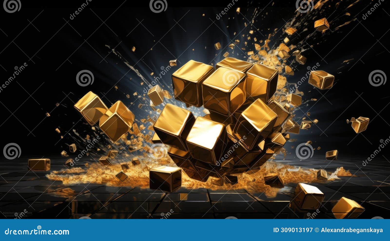 Exploding Golden Cubes on a Black Background. 3D Digital Art with ...