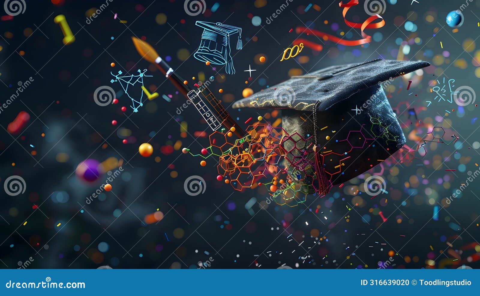 Exploding Graduation Cap Symbolizing Diverse Fields of Study and ...