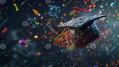 Exploding Graduation Cap Symbolizing Diverse Fields of Study and ...