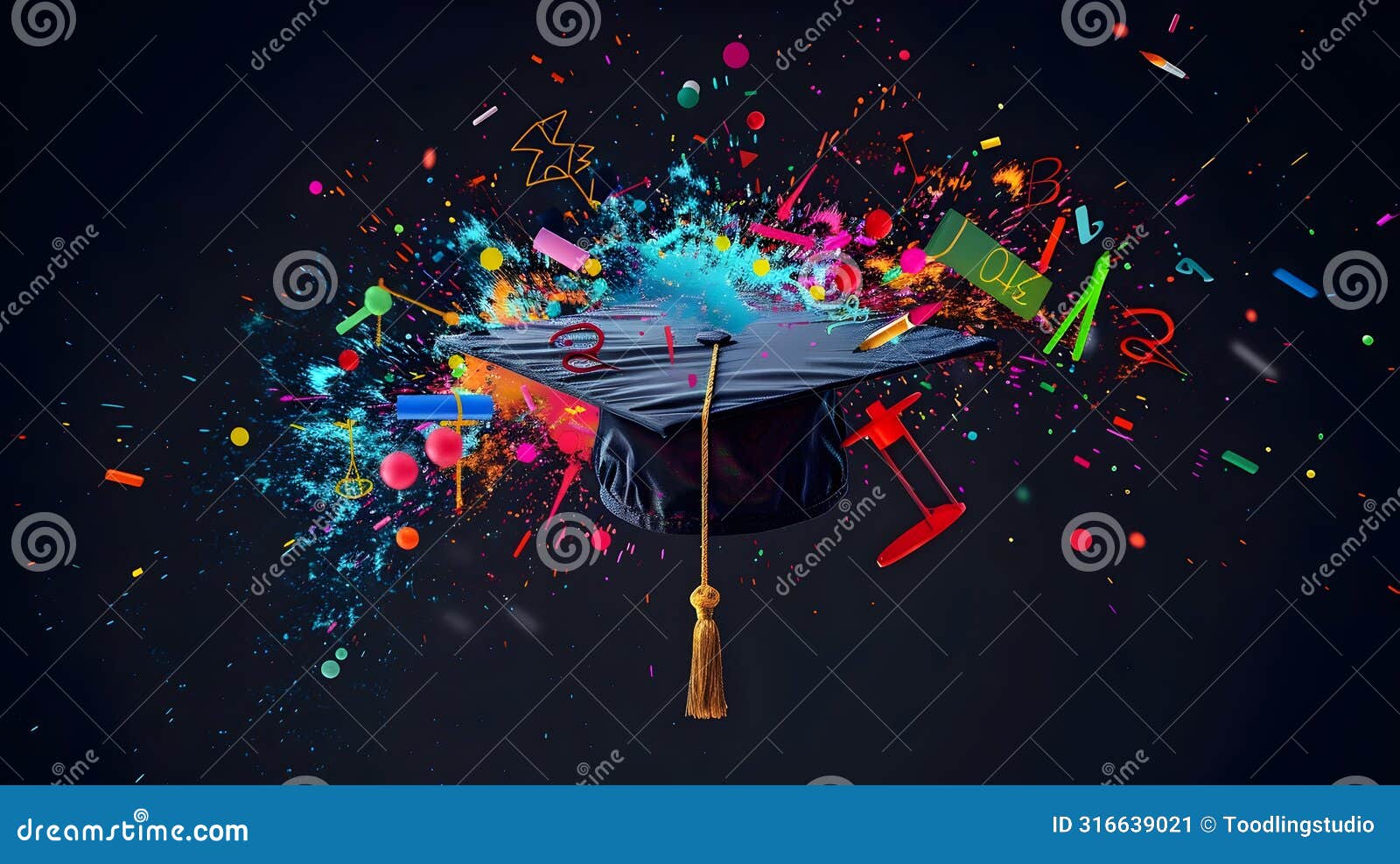 Exploding Graduation Cap Symbolizing Diverse Fields of Study Stock ...