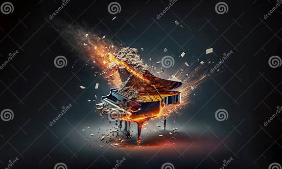 Exploding Grand Piano Bursting with Fire and Smoke, Generative AI Stock ...