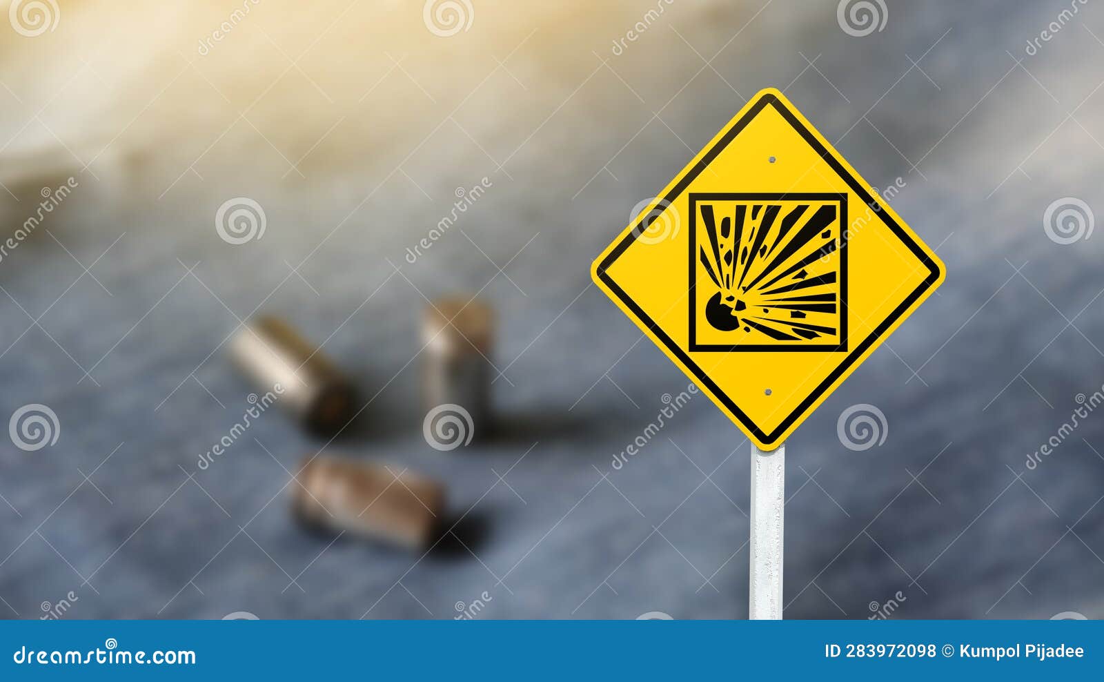 The Exploding Graphic on Yellow Sign with Blurred Bullets and Blue in ...