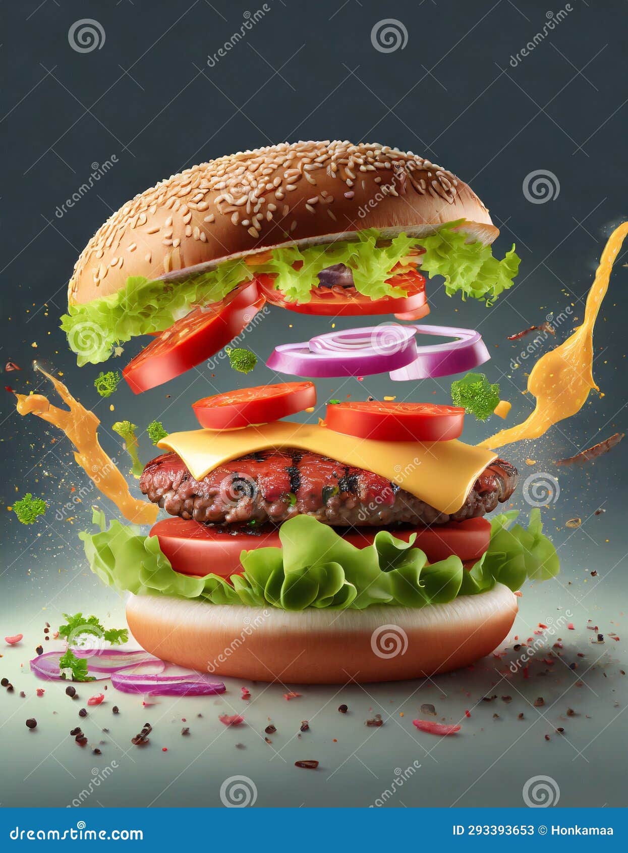 Exploding hamburger stock illustration. Illustration of closeup - 293393653