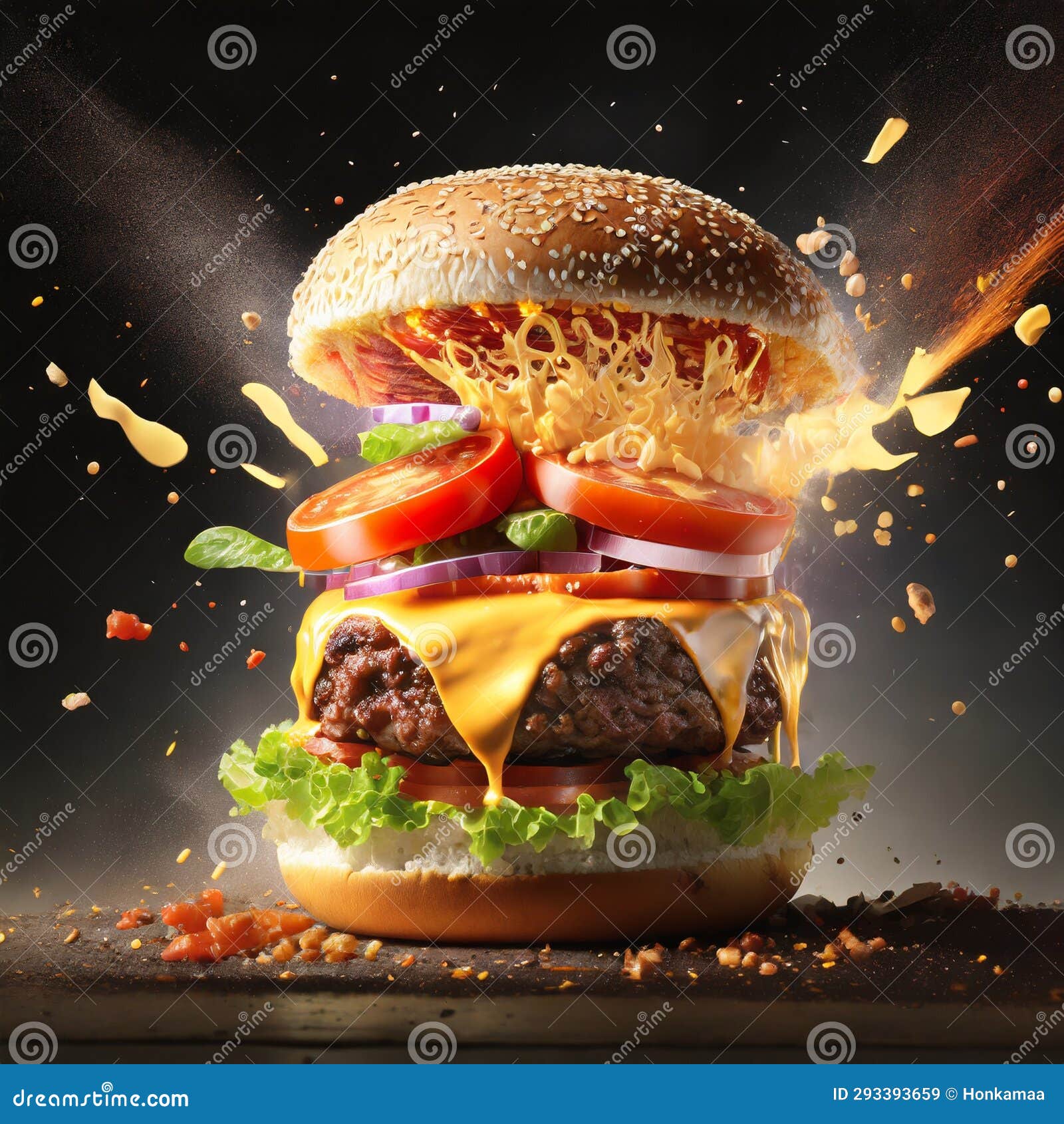 Exploding hamburger stock illustration. Illustration of cafe - 293393659
