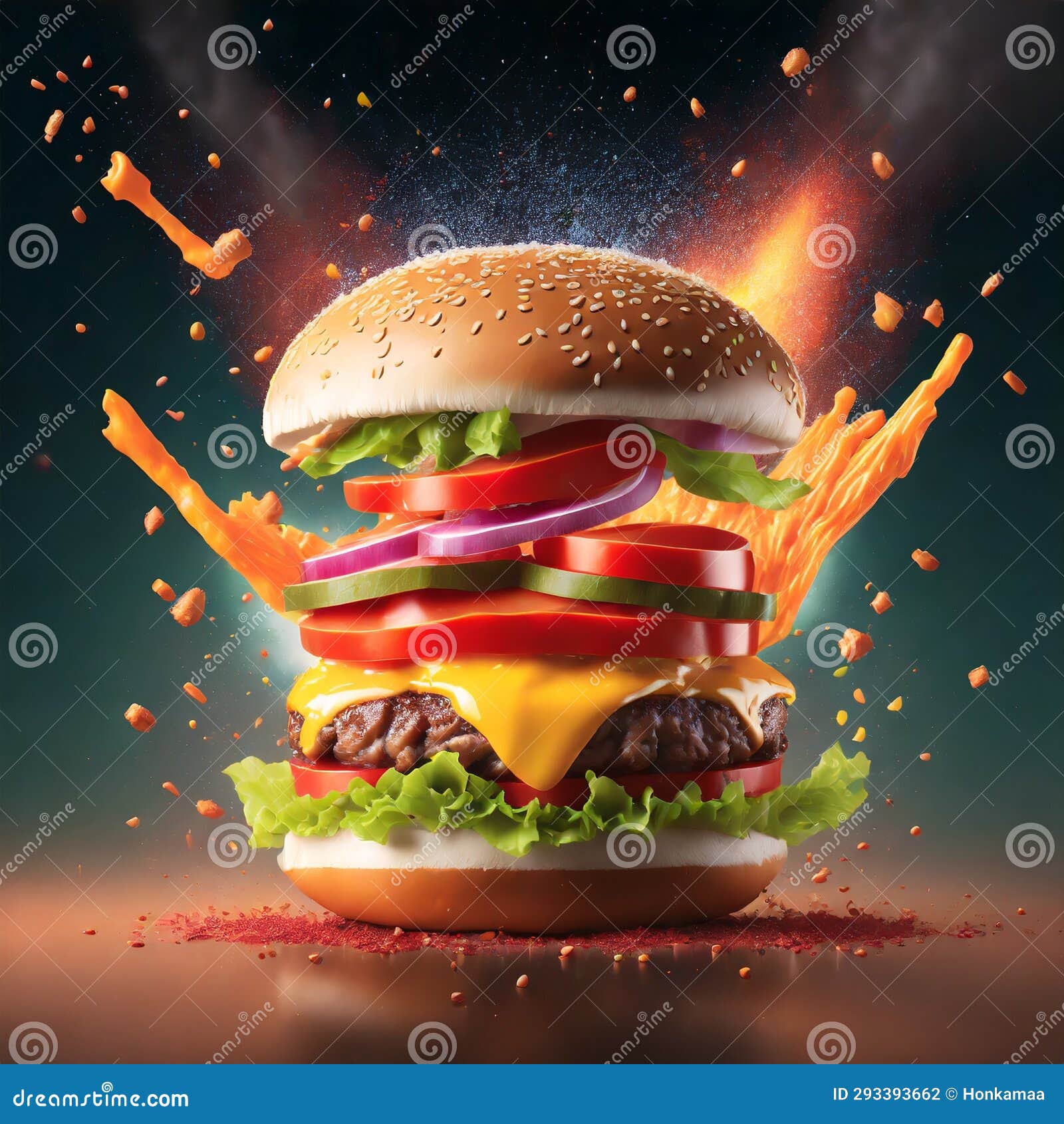 Exploding hamburger stock illustration. Illustration of closeup - 293393662