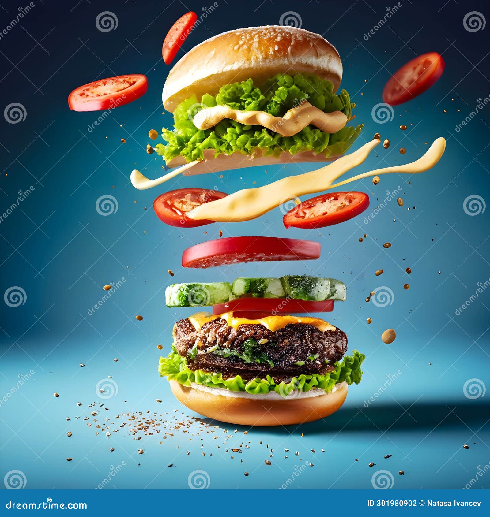 Exploding Hamburger, Big Splashes of Food and Sauce Stock Illustration ...