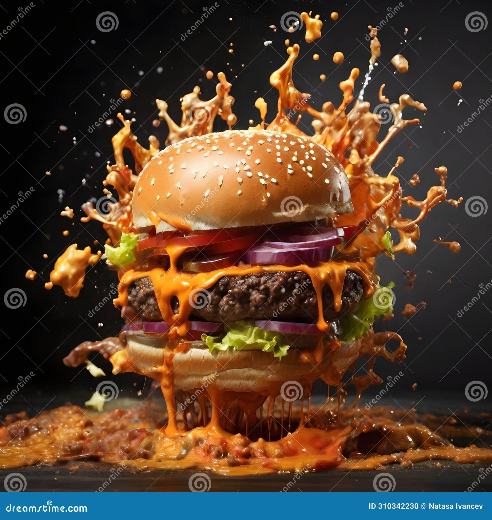 Exploding Hamburger, Big Splashes of Food and Sauce Stock Illustration ...