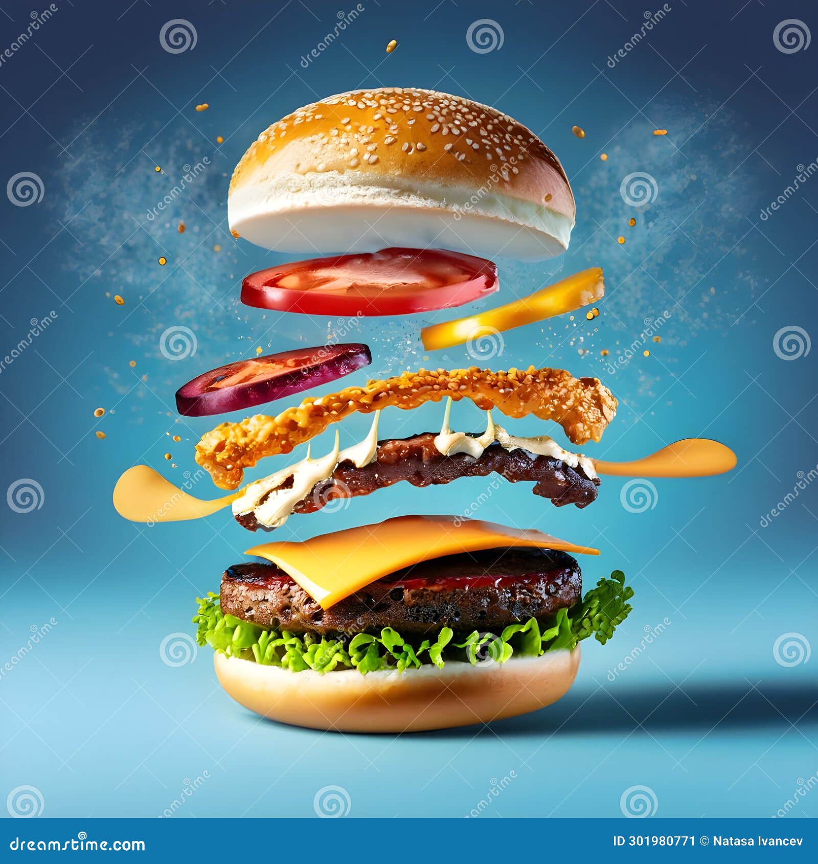 Exploding Hamburger, Big Splashes of Food and Sauce Stock Illustration ...