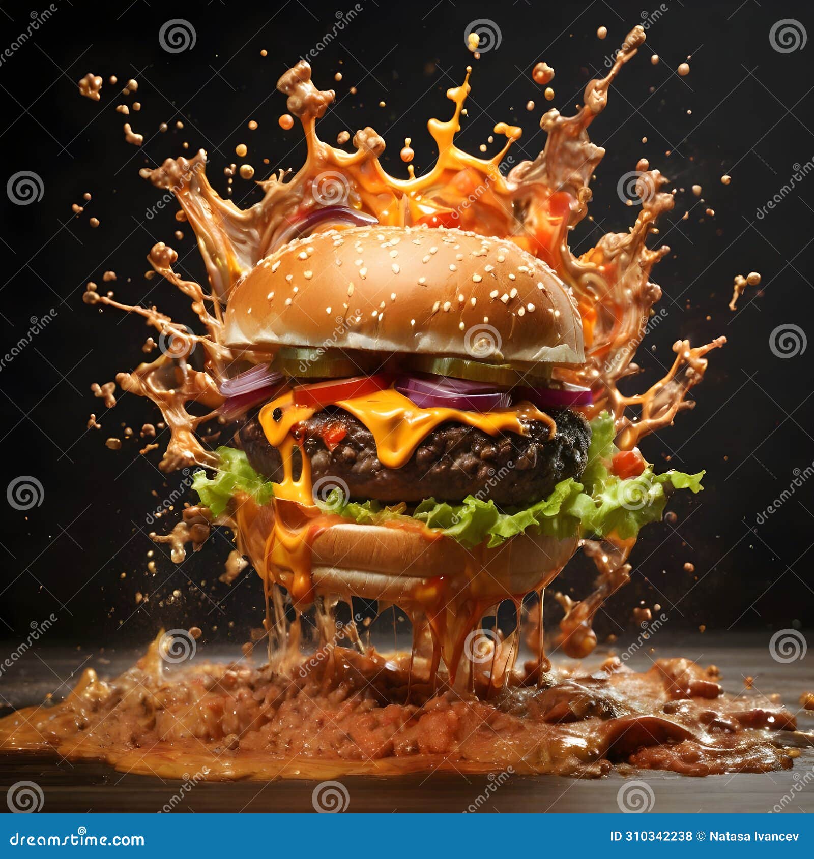 Exploding Hamburger, Big Splashes of Food and Sauce Stock Illustration ...
