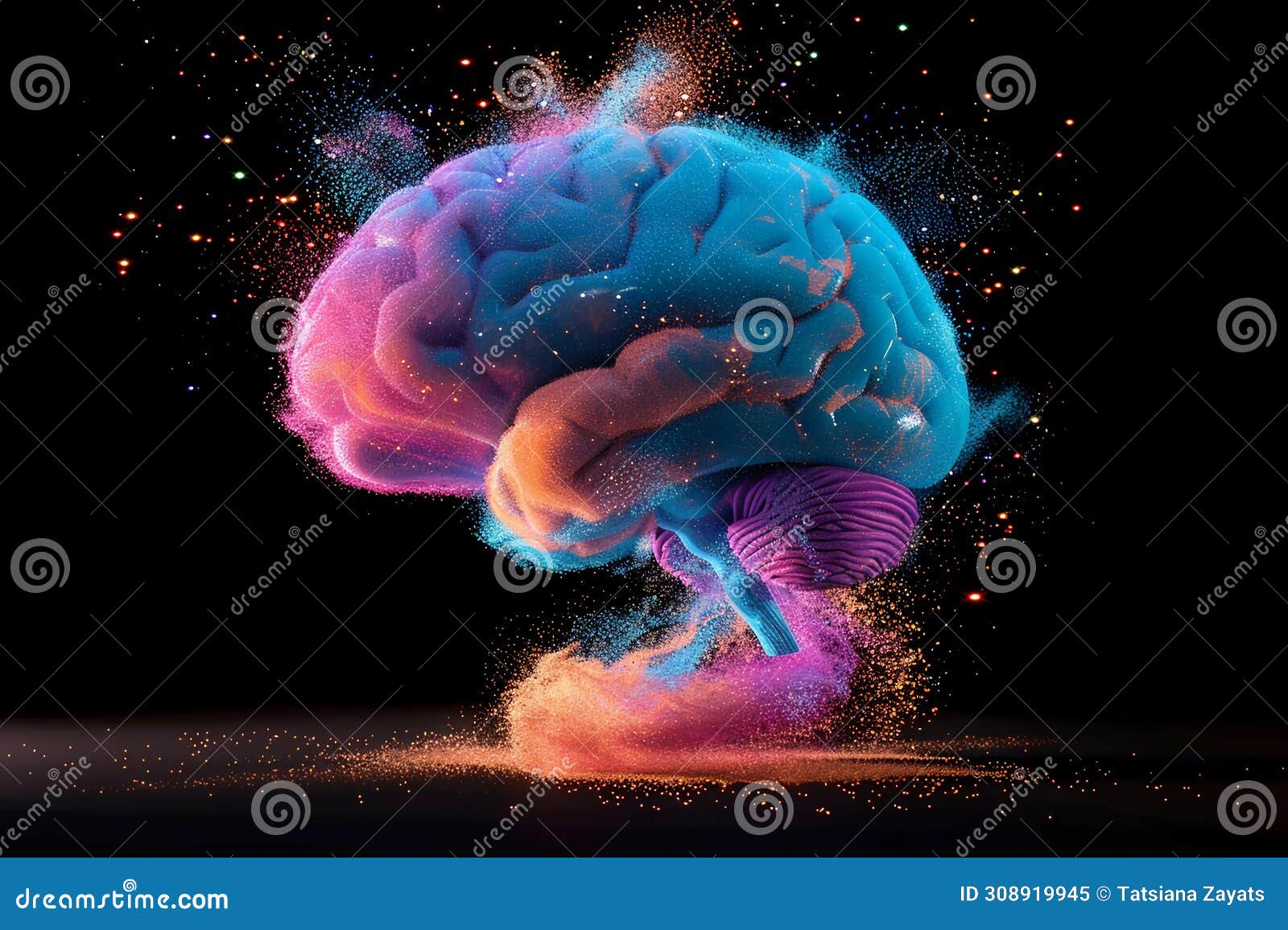 Exploding Human Brain with Vibrant Rainbow Colors Particles. Creativity ...