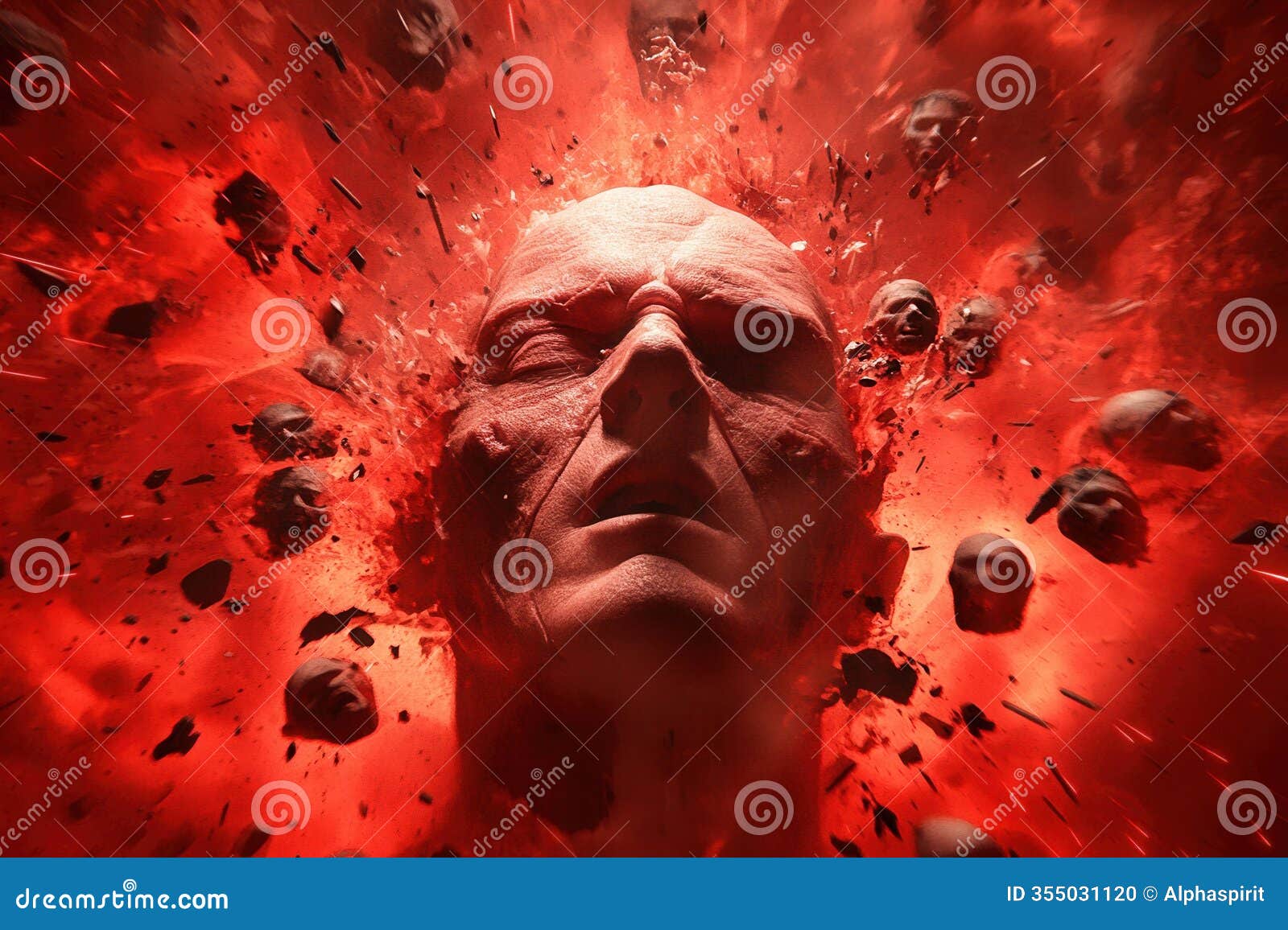 Exploding Human Head Surrounded by Imaginary Heads in Fiery Red ...