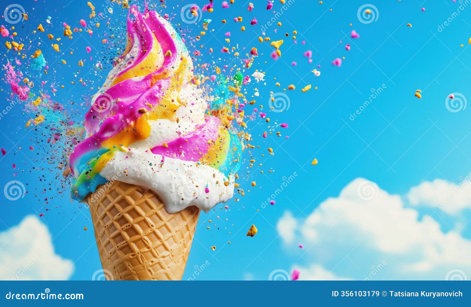 Exploding Ice Cream Cone with Colorful Sprinkles and Vibrant Swirls ...