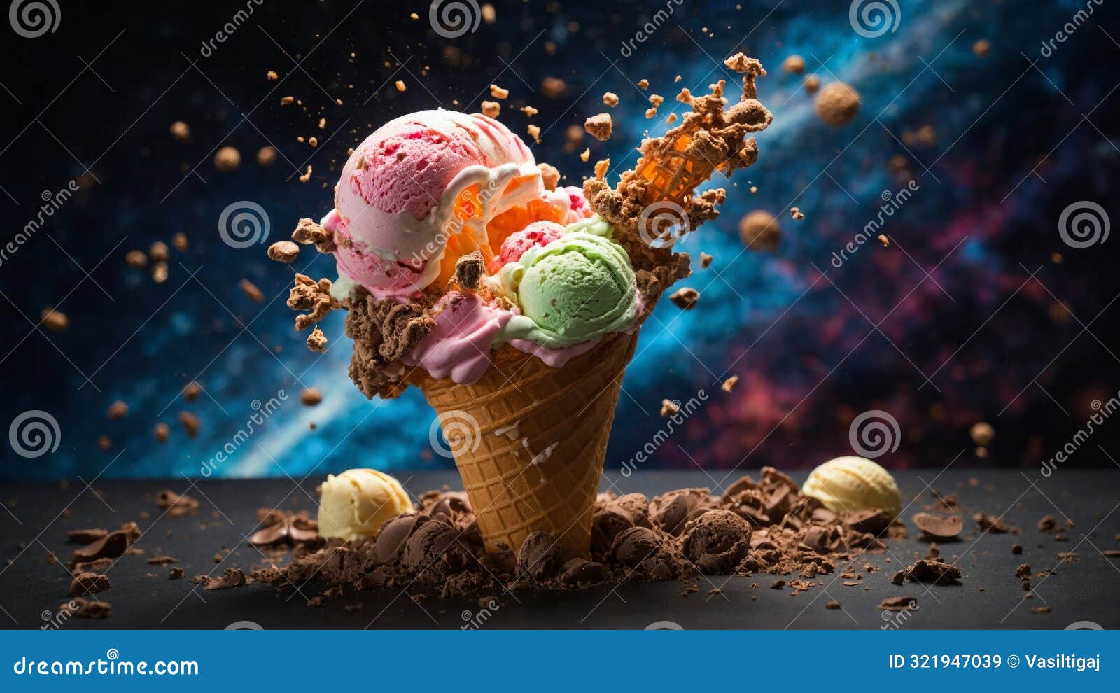 Exploding Ice Cream Cone in Space Stock Image - Image of bright, cookie ...