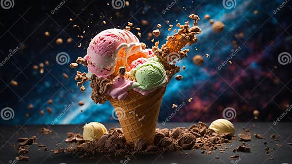 Exploding Ice Cream Cone in Space Stock Image - Image of bright, cookie ...