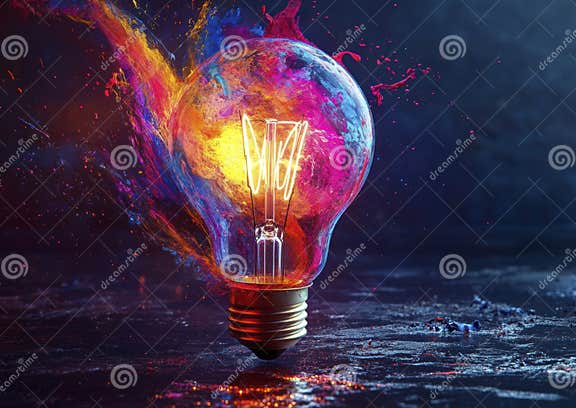 Exploding Light Bulb with Colorful Paint and Creativity, Dark ...