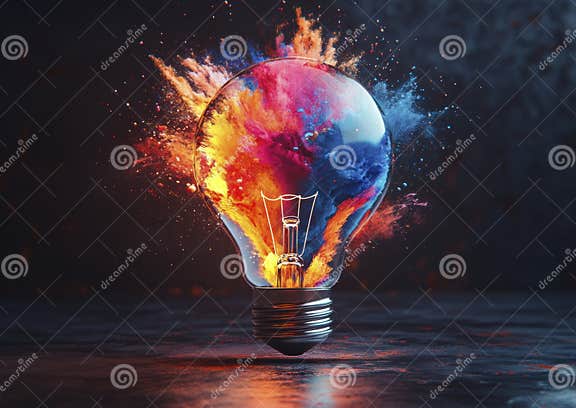 Exploding Light Bulb with Colorful Paint and Creativity, Dark ...
