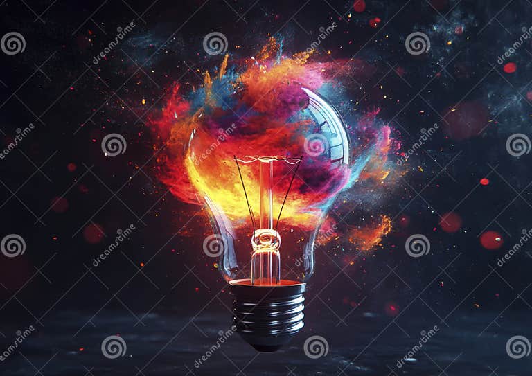 Exploding Light Bulb with Colorful Paint and Creativity, Dark ...