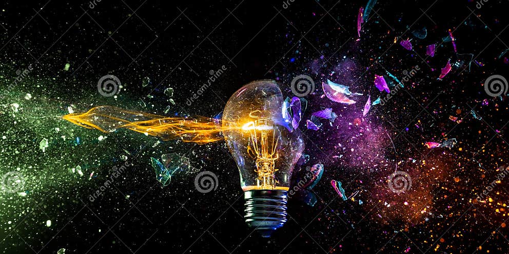 Exploding Light Bulb Concept on Dark Background Stock Image - Image of ...