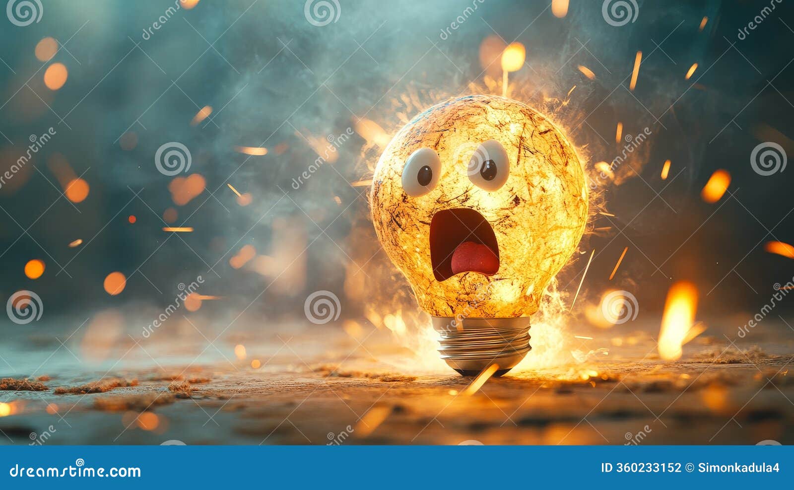 Exploding Light Bulb Showing Shocked Face with Sparks and Smoke Stock ...