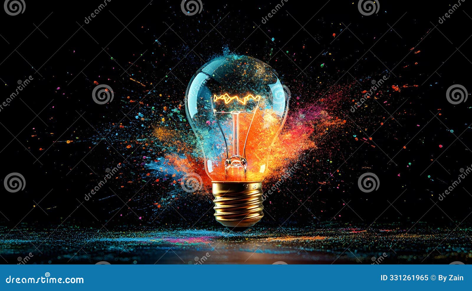 Exploding Light Bulb with Vibrant Color Splash on Black Background ...