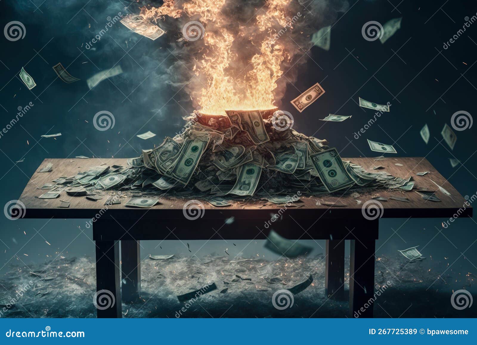 Exploding Money on a Table Filled with Dollar Bills, Generative AI ...