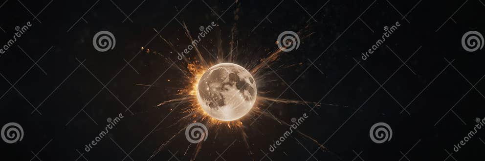 Exploding Moon on Black Empty Space Universe Void Panoramic Wide Angle ...