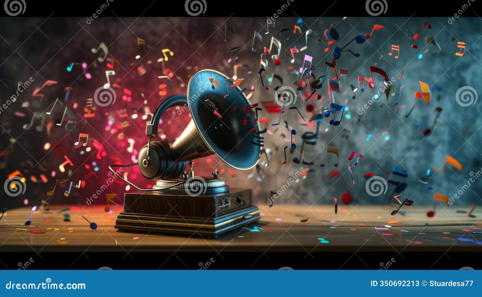 Exploding Music Notes Around a Vintage Gramophone in Vivid Motion Stock ...