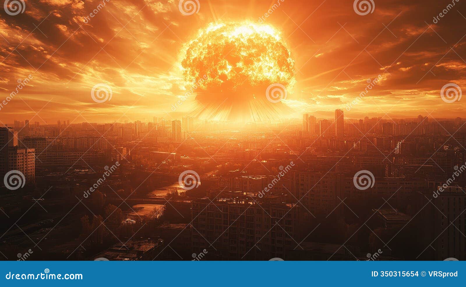 Exploding Nuclear Fireball Dominating City Skyline Stock Photo - Image ...