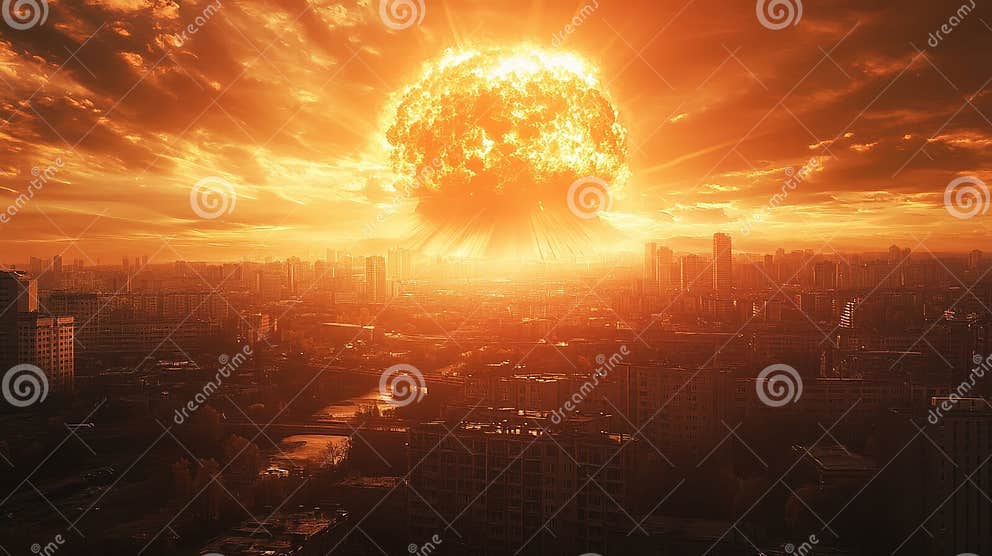 Exploding Nuclear Fireball Dominating City Skyline Stock Photo - Image ...
