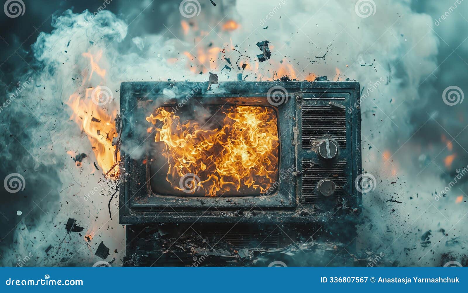 An Exploding Old TV Set in Retro Style, Surrounded by Puffs of Smoke ...