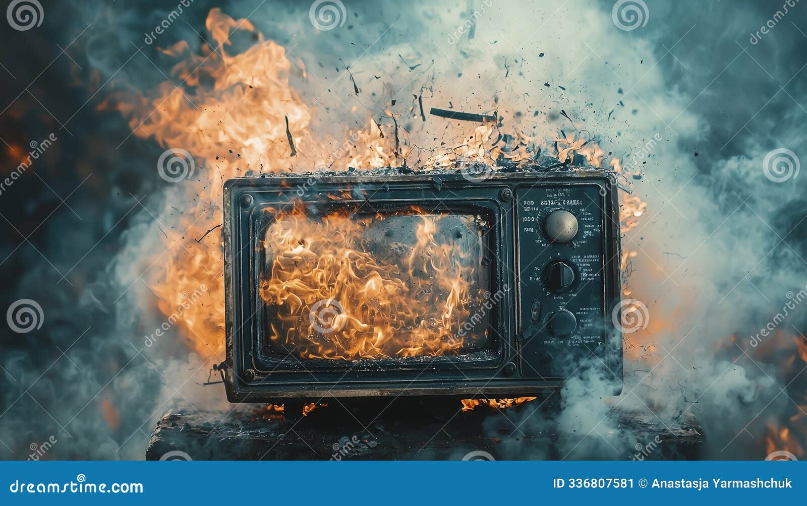 An Exploding Old TV Set in Retro Style, Surrounded by Puffs of Smoke ...