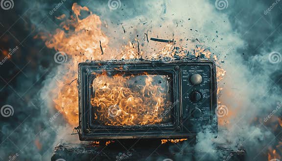 An Exploding Old TV Set in Retro Style, Surrounded by Puffs of Smoke ...
