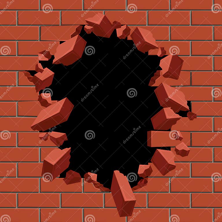 Exploding Out Hole in Red Brick Wall Vector Illustration Stock Vector ...
