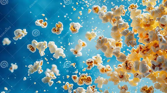Exploding Popcorn Kernels on a Blue Background Stock Image - Image of ...