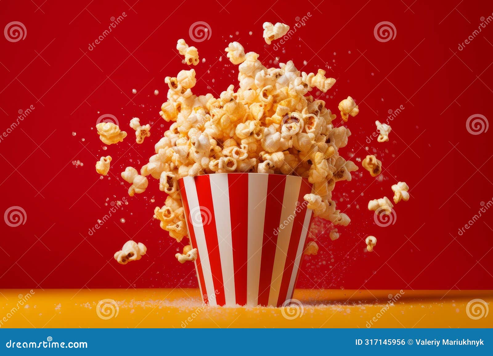 Exploding Popcorn in a Striped Bucket with Dynamic Motion on Red ...