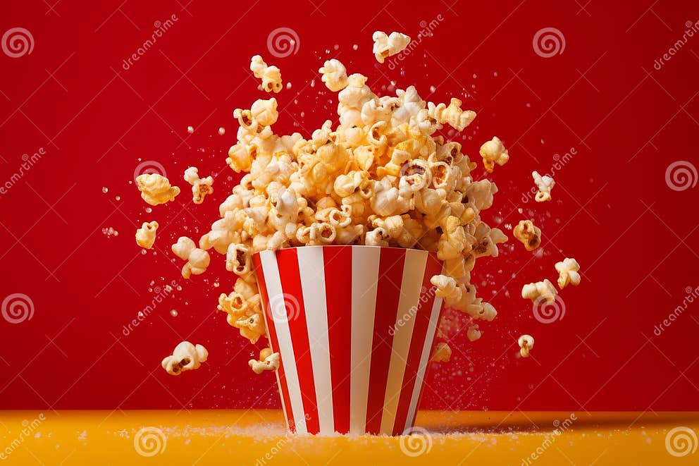 Exploding Popcorn in a Striped Bucket with Dynamic Motion on Red ...