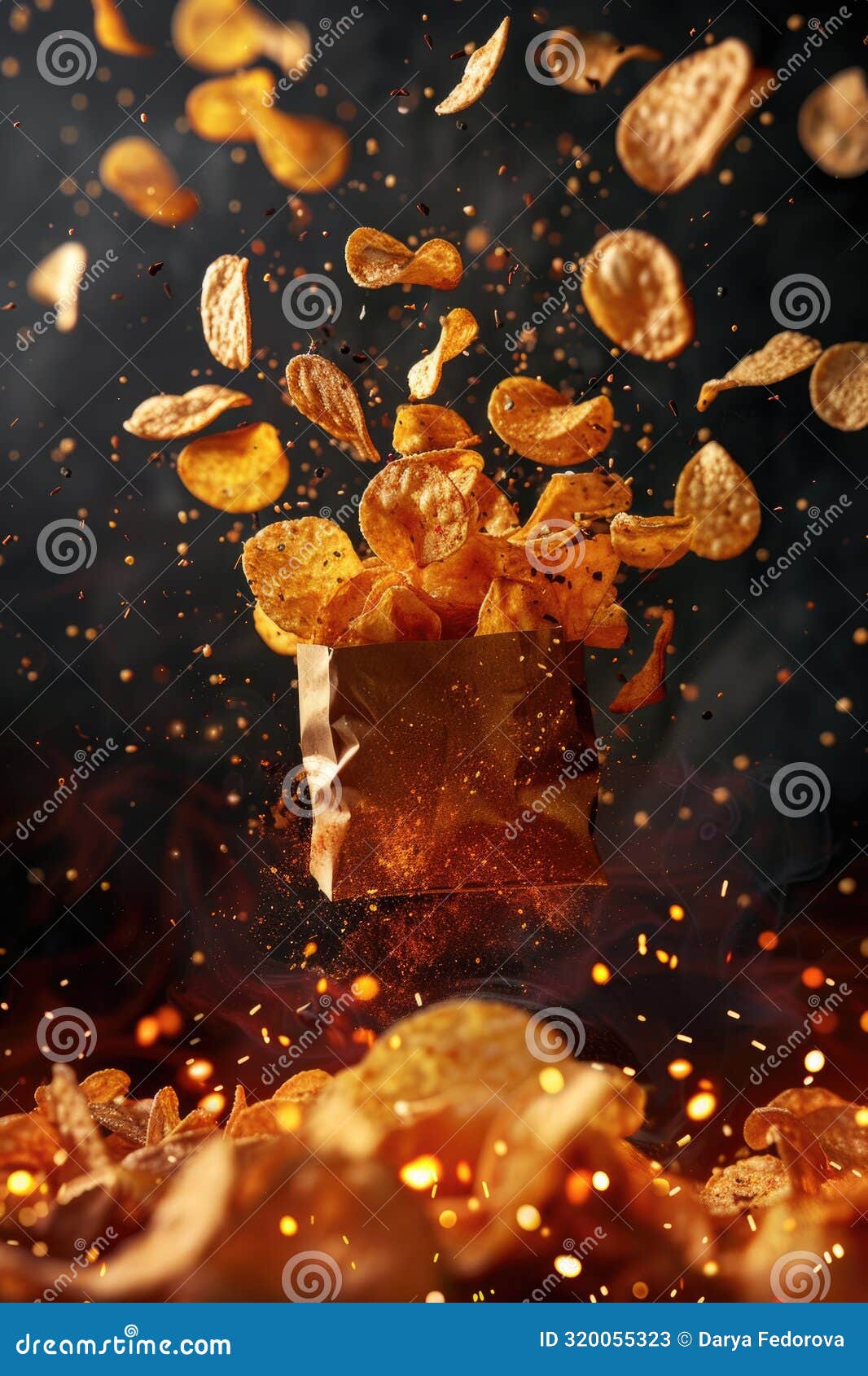 Exploding Potato Chips in Motion Against Dark Background Stock Image ...