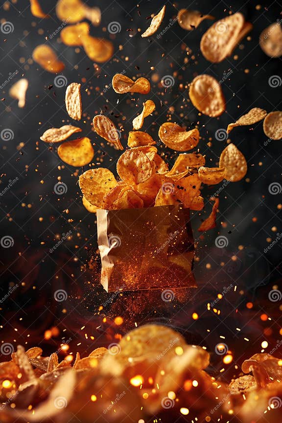 Exploding Potato Chips in Motion Against Dark Background Stock Image - Image of snacktime, snack ...