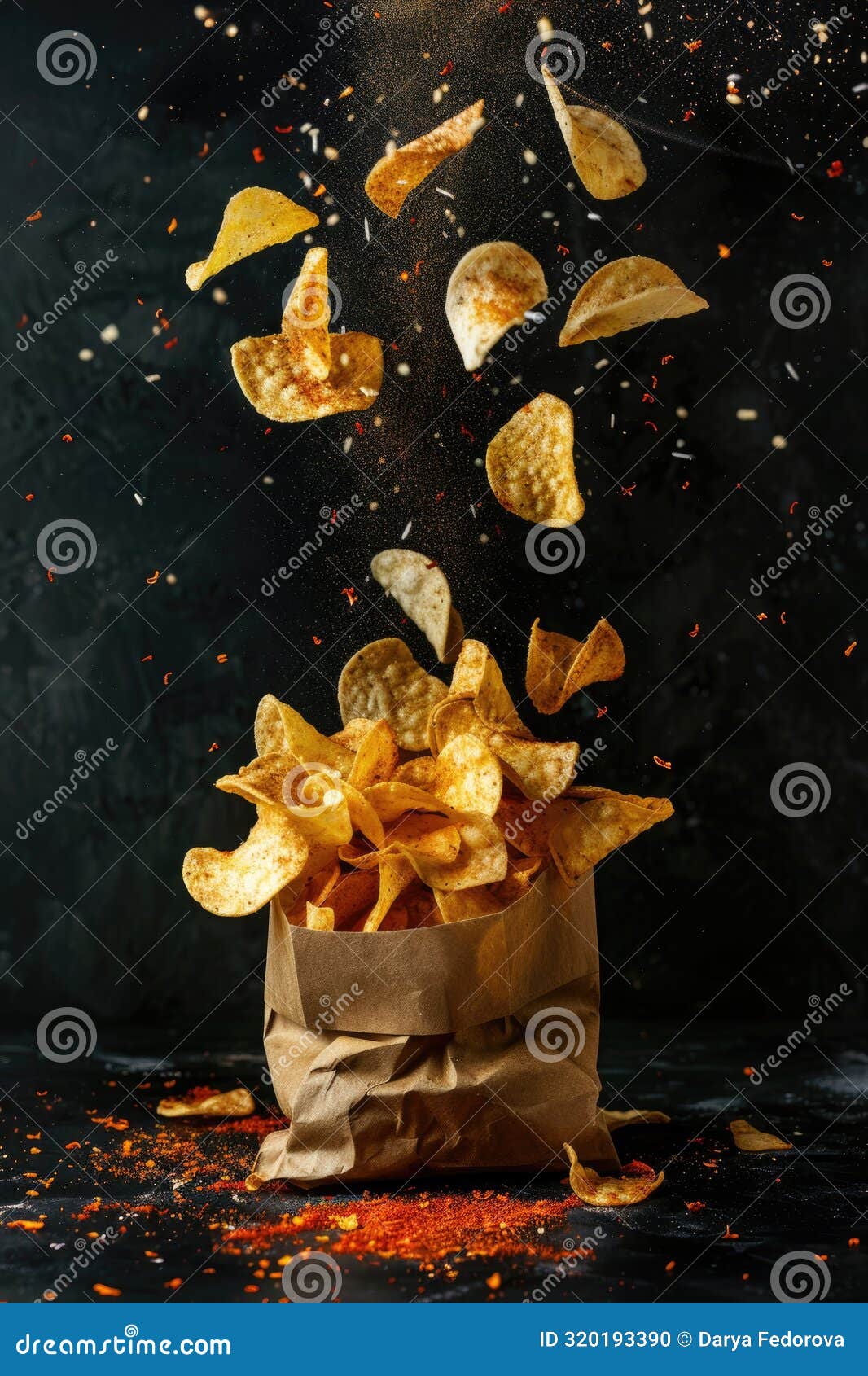 Exploding Potato Chips in Motion Against Dark Background Stock Photo ...