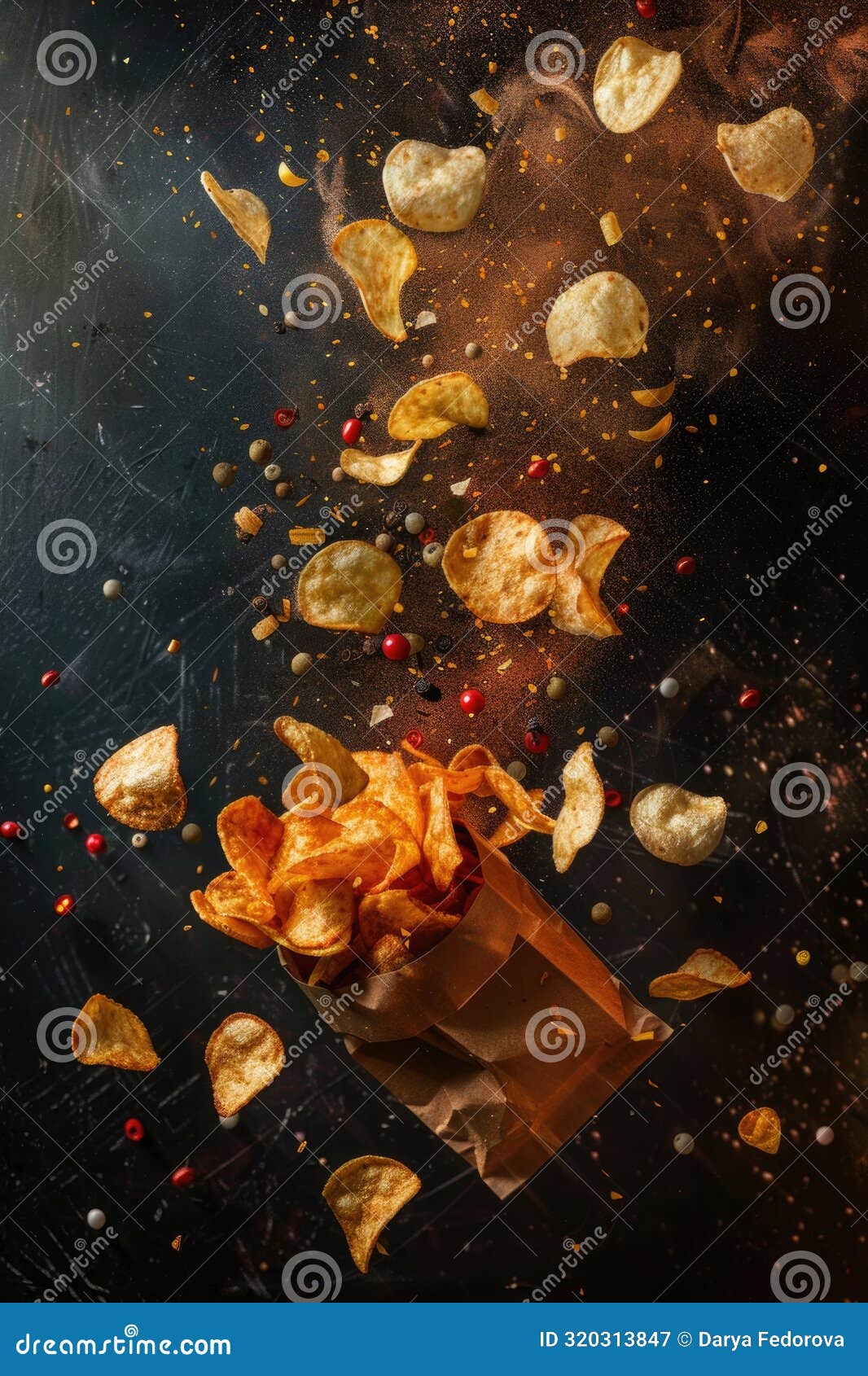 Exploding Potato Chips in Motion Against Dark Background Stock Image ...