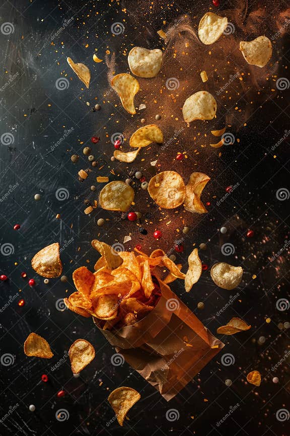 Exploding Potato Chips in Motion Against Dark Background Stock Image ...