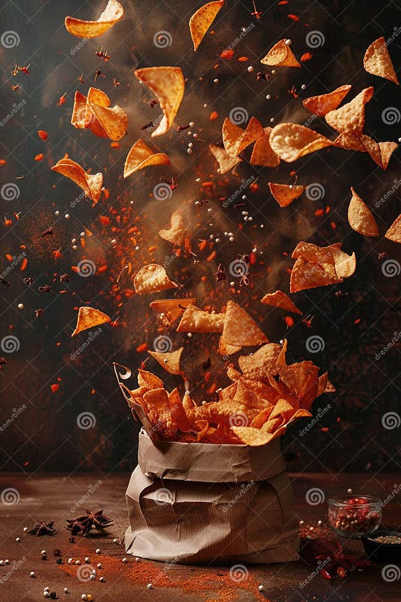 Exploding Potato Chips in Motion Against Dark Background Stock Photo ...