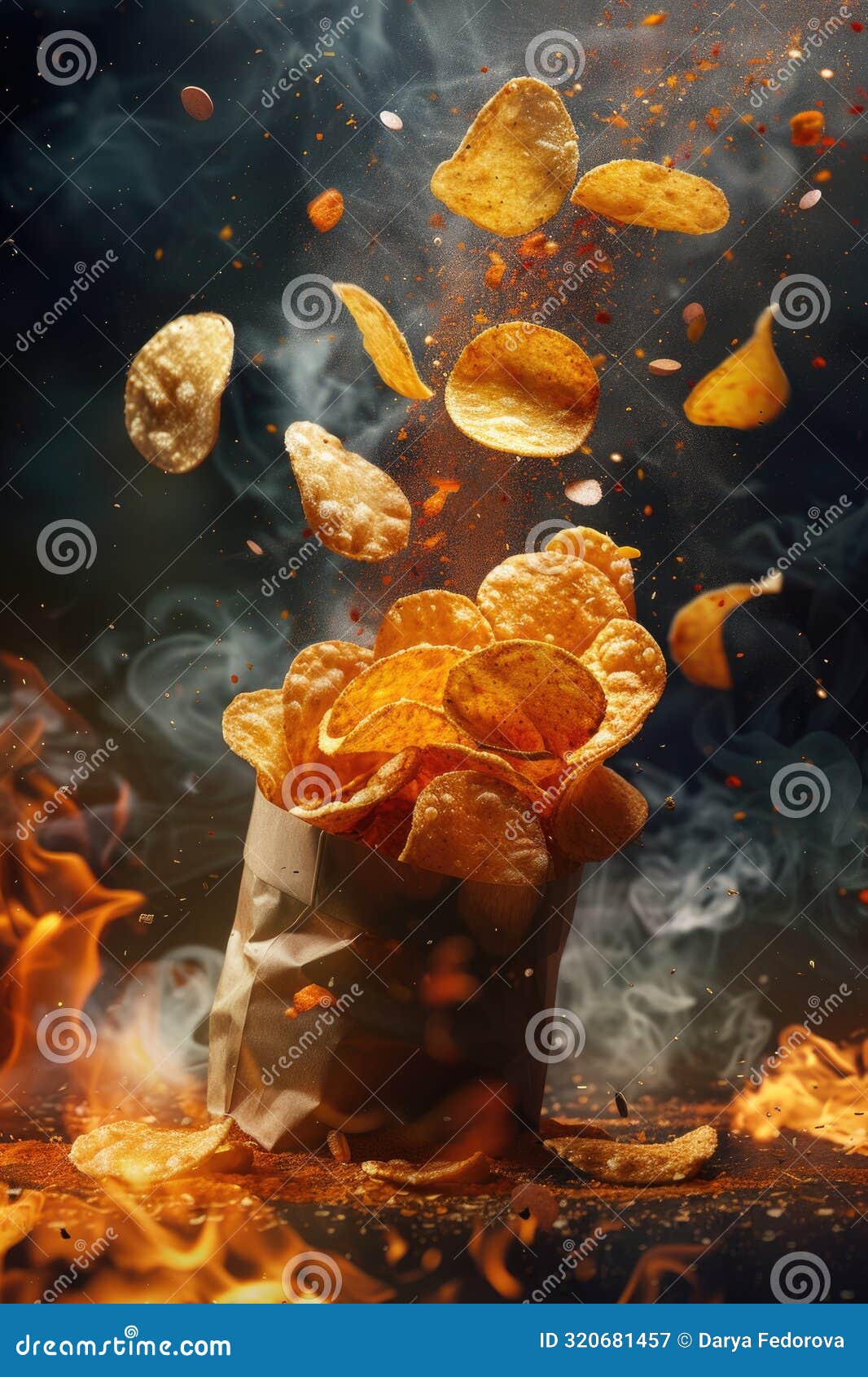 Exploding Potato Chips in Motion Against Dark Background Stock Image ...