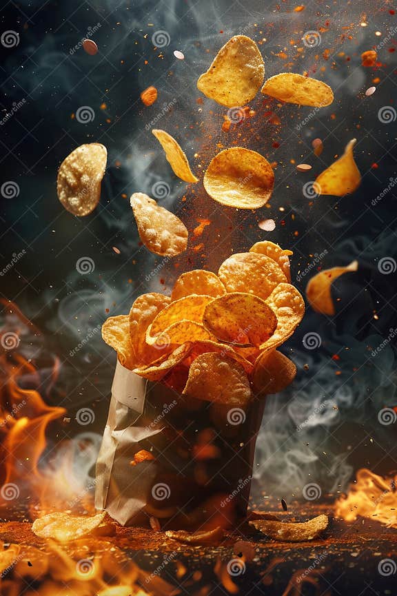 Exploding Potato Chips in Motion Against Dark Background Stock Image ...