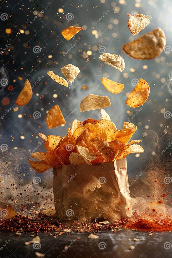 Exploding Potato Chips in Motion Against Dark Background Stock Photo ...