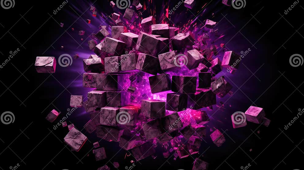 Exploding Purple Cubes on Dark Background, Abstract 3D Render Stock ...