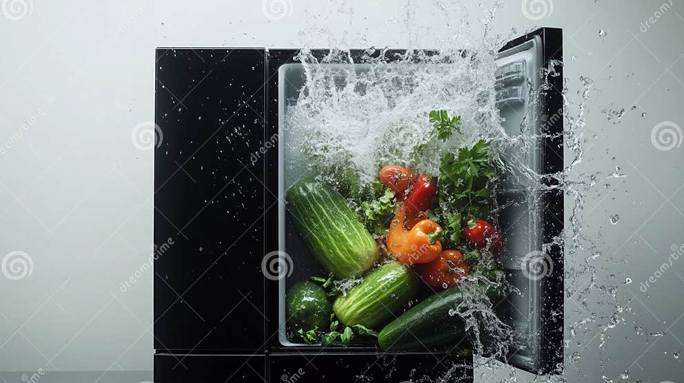 Exploding Refrigerator with Vegetables and Water Splash in Action Stock ...