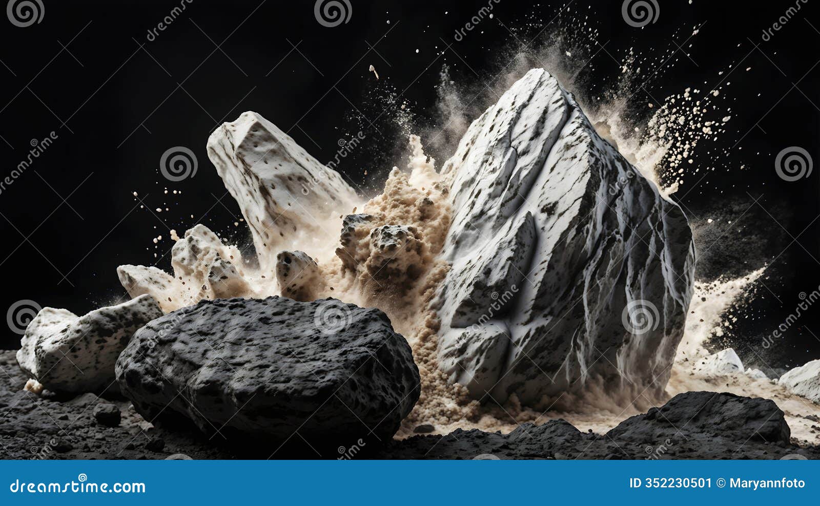Exploding Rock with Debris Flying in a Dramatic Scene Stock ...